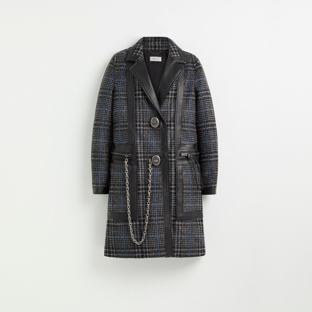 Coach Restored Tailored Wool Coat With Leather Detail In Grey/blue ...